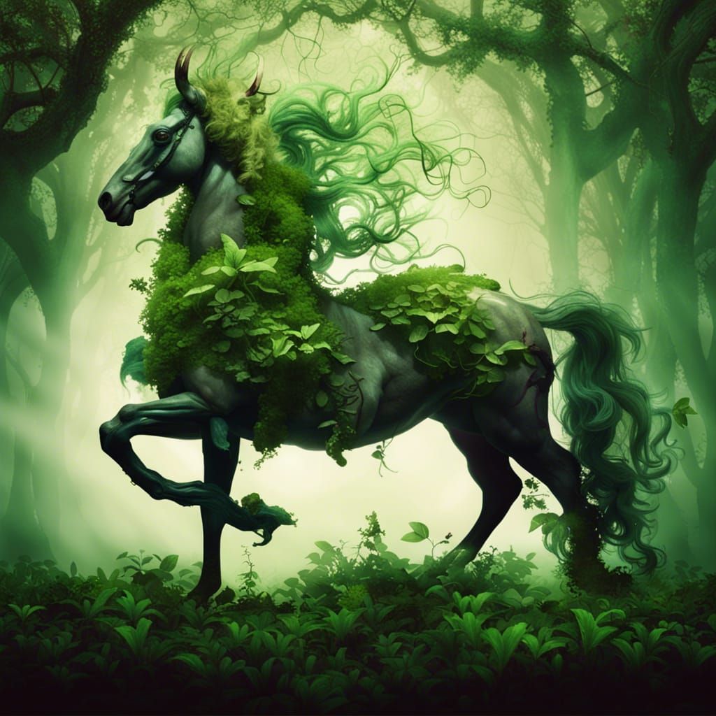 A Centaur, in a lush green forest, swirling leaves and mist by Alberto ...