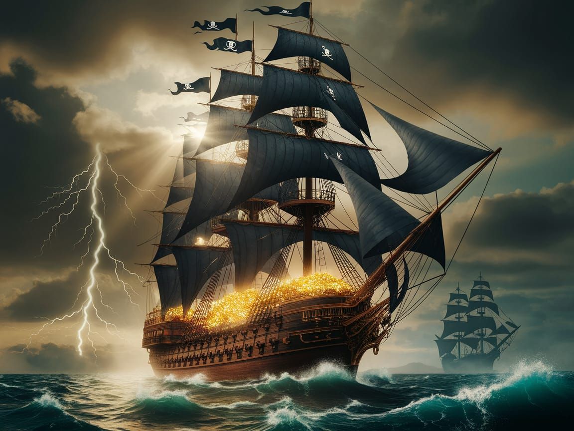 Epic Clipper Ship Sails Stormy Seas Under Brooding... - AI Art
