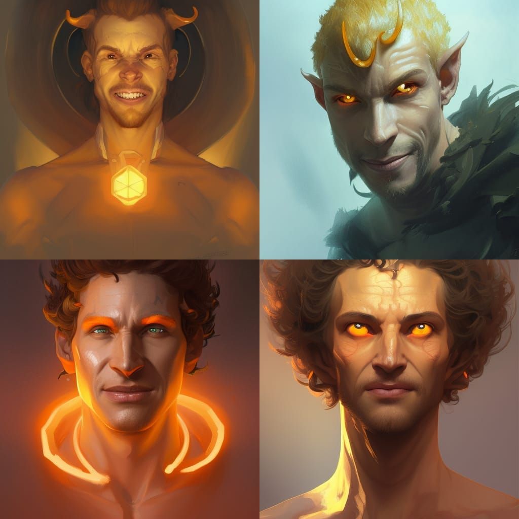 5e illustration dnd, tiefling man with light orange skin, soft yellow ...