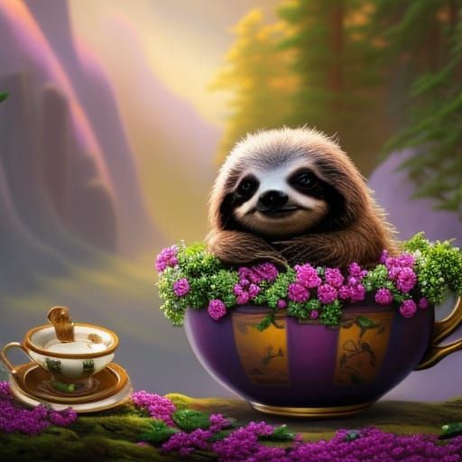 baby sloth in a fancy teacup laid back and happy, storybook ...