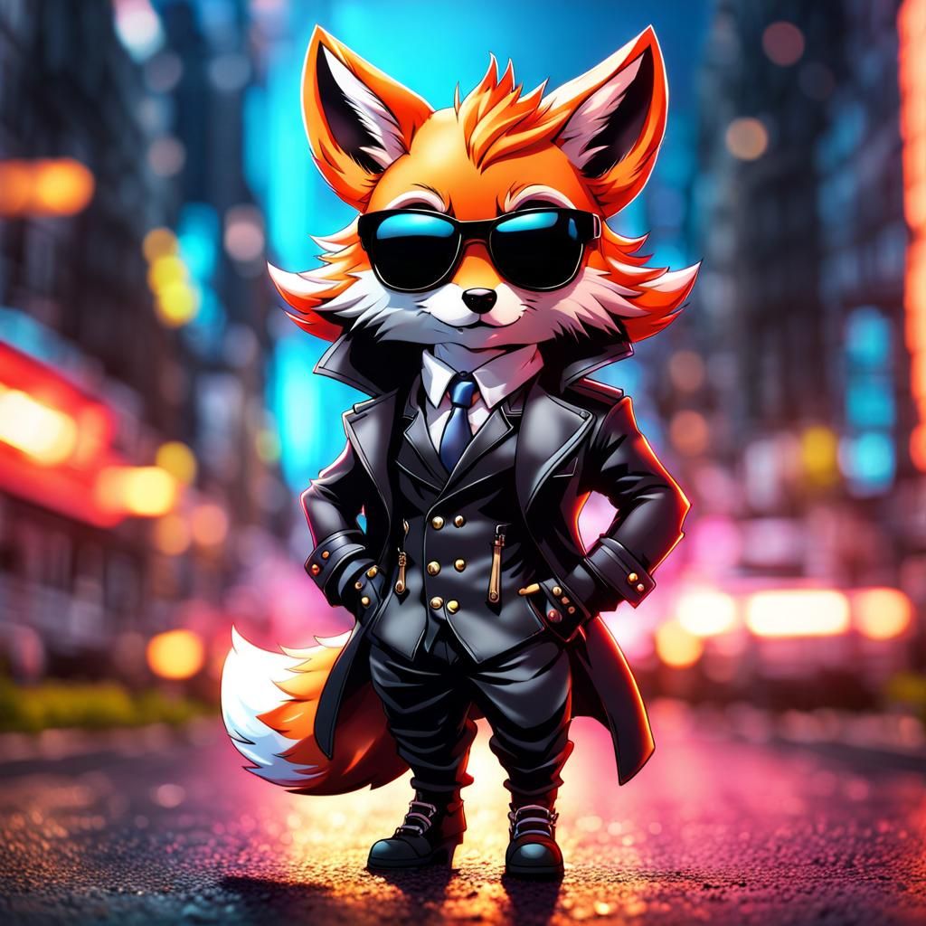 chibi furry fox wearing black trench coat and sunglasses: vibrant ...