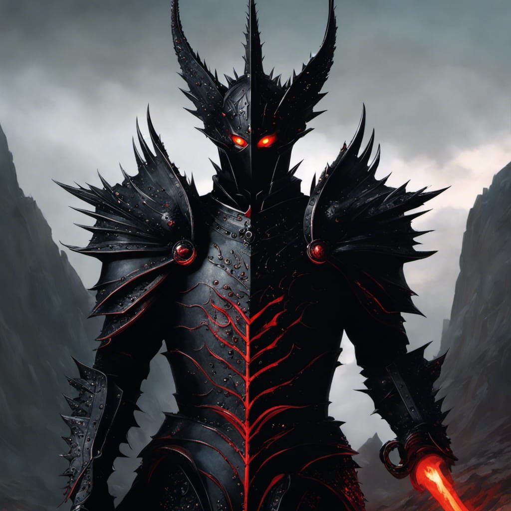 Sauron in black spiked armour, red glowing eyes, , by Richard Michael ...