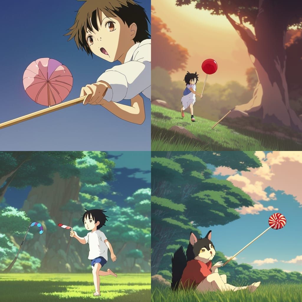 An animal chasing a lollipop. Studio Ghibli, Anime Key Visual, by ...