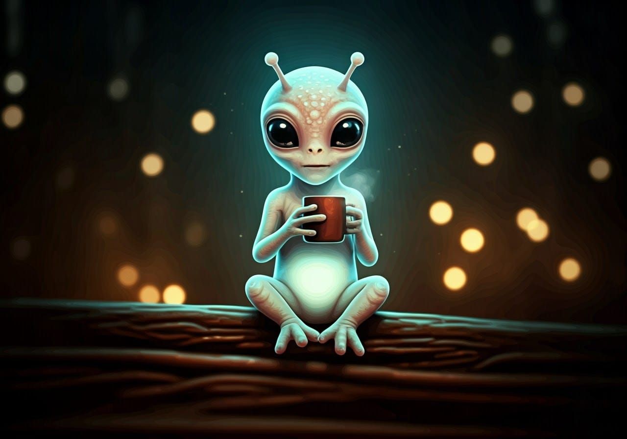 alien coffee time - Glowing Alien in Whimsical, Mystical En...