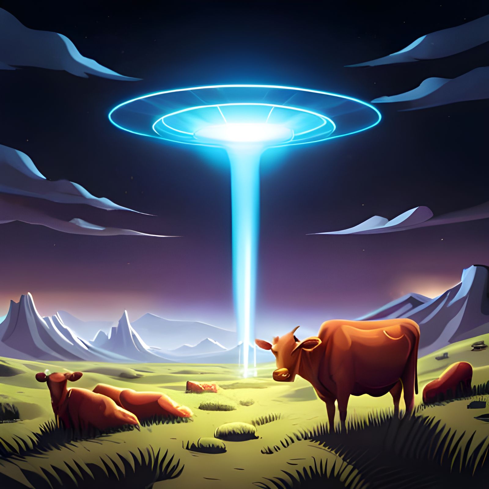 UFO sucking up cows - AI Generated Artwork - NightCafe Creator