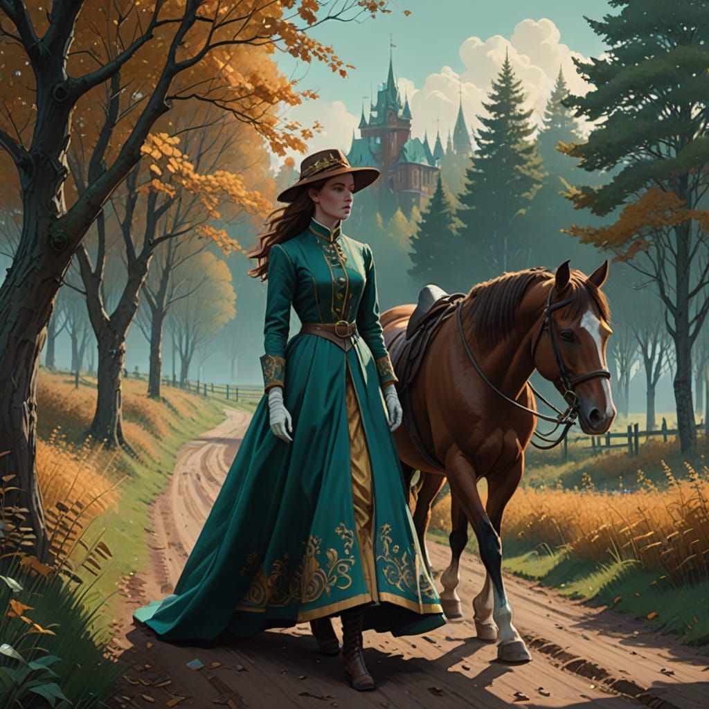 Young Woman Walking with Horse in Idyllic Autumn V... - AI Art