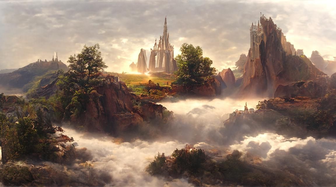 romantic fantasy landscape with church ruins on a foggy mountain in ...