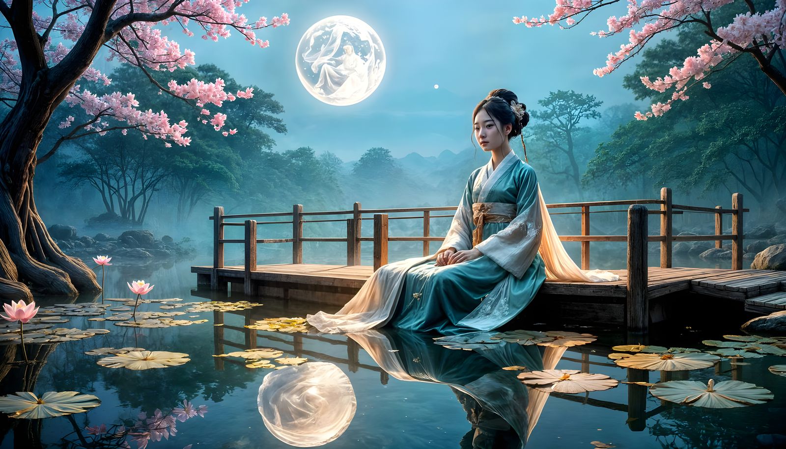 Ethereal Korean Ghost in Hanbok, Bathed in Silvery... - AI Art