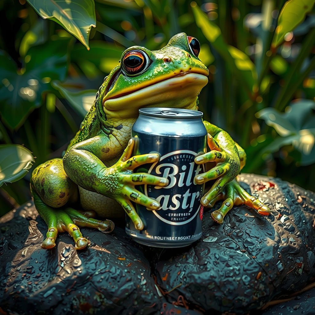 A bull frog drinking a canned beer - A bull frog drinking a ...