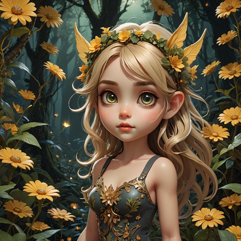 Generate a high-fidelity, detail-oriented closeup of 3D animated adorable full body pixie girl ...