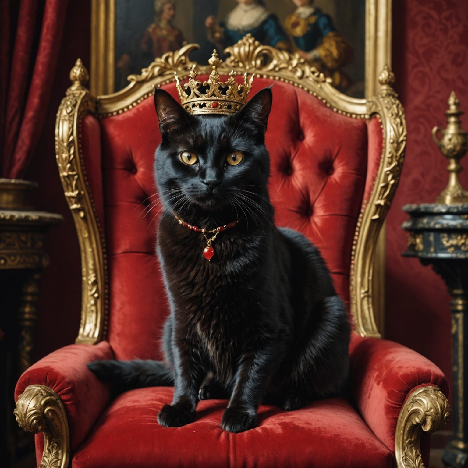 Princess Meow - Elegant Black Cat Princess in Vintage Red Ar...
