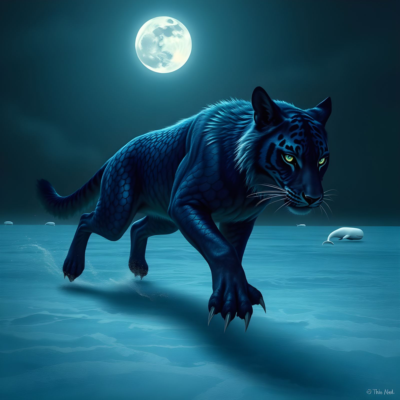 Dark purple, dark blue, and dark green scaled sea tiger/wolf , catlike ...