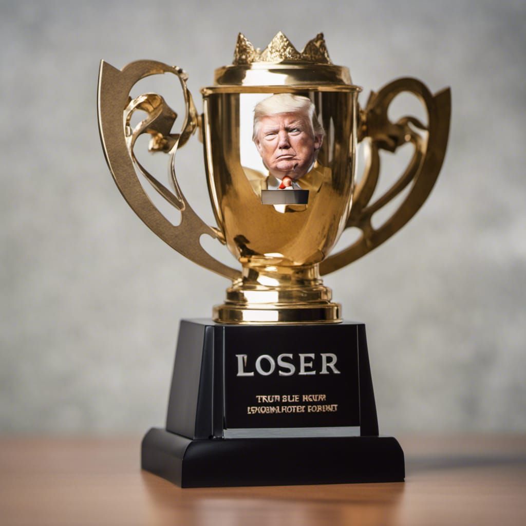 trump with his trophy for "loser" "Loser"printed on trophy closer view ...