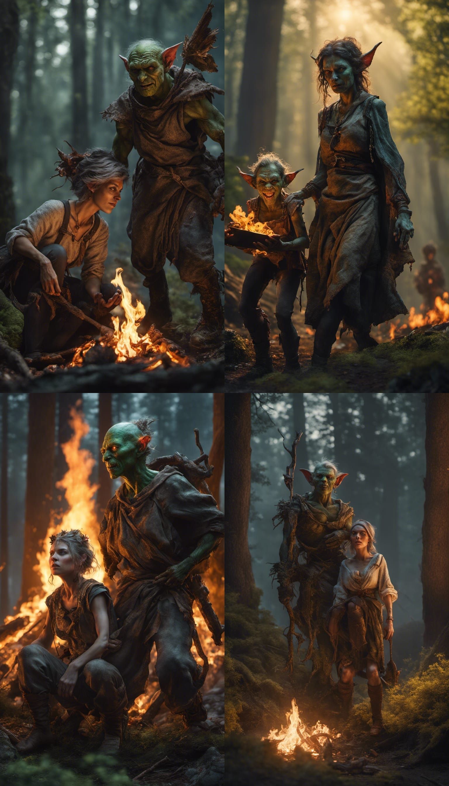 Epic photography, "two Goblins, carry bound woman, campfire, woods ...
