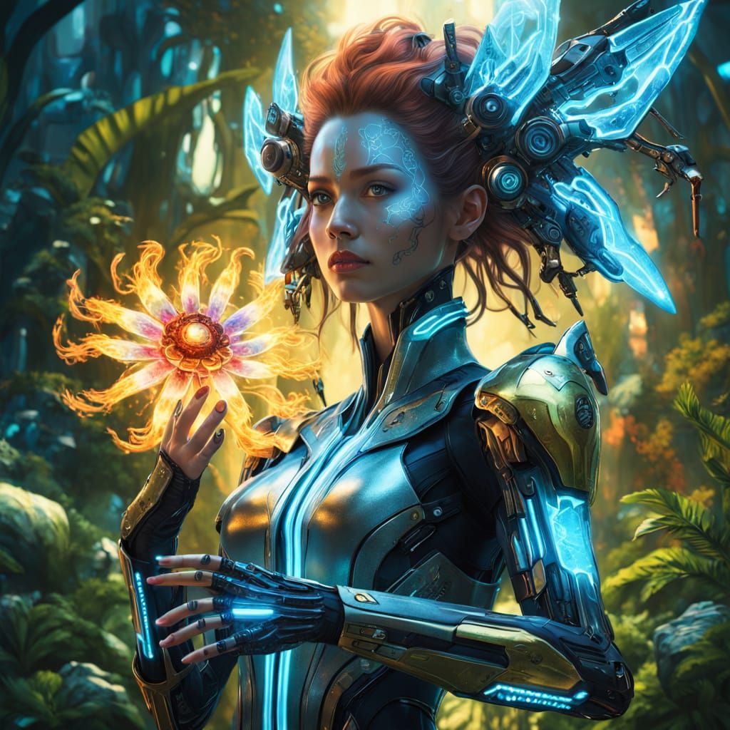 Cyberpunk Oasis Scene with Android and Faun - AI Art