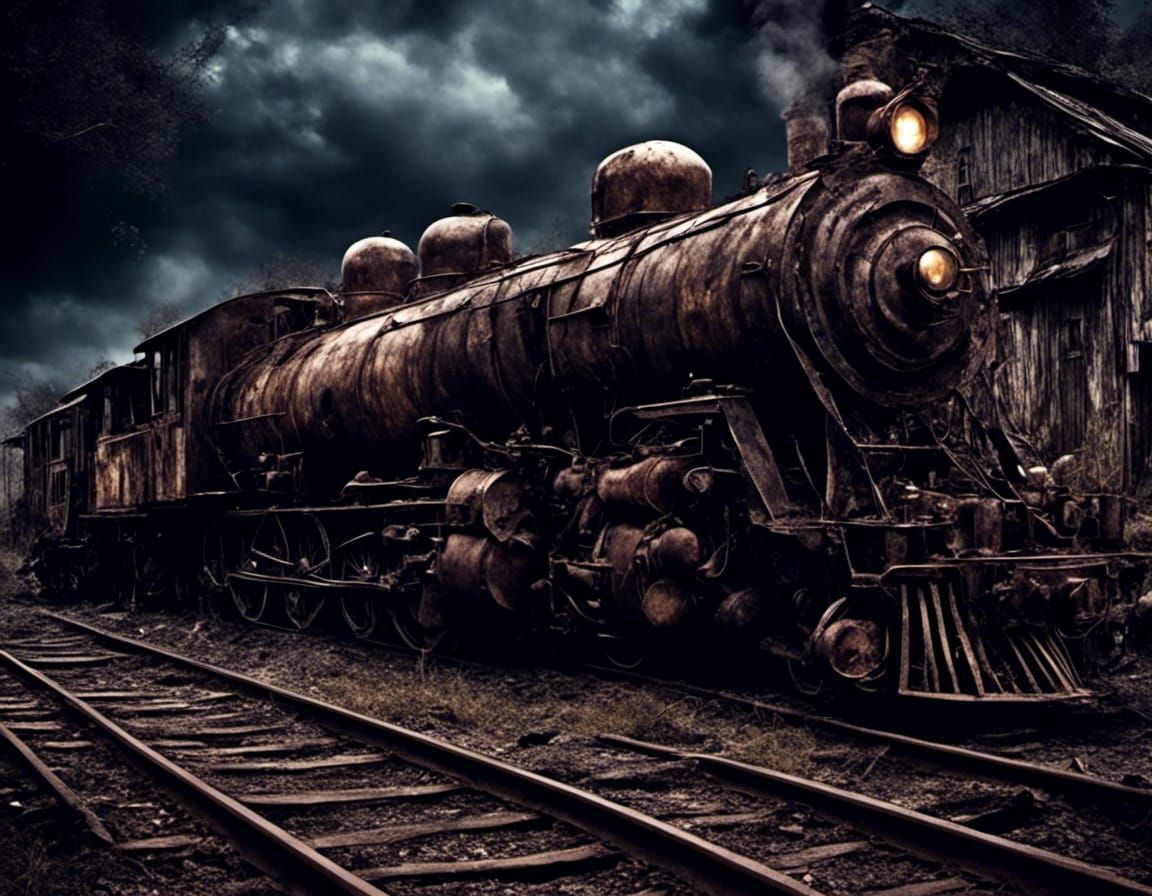 dark eerie sinister horror train, atmospheric moody railway station ...