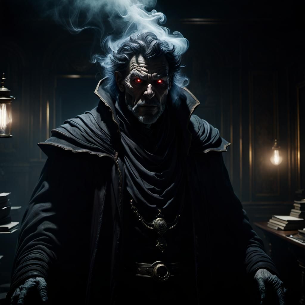 A monster formed of smoke, emerges from dark shadow, in dark office ...