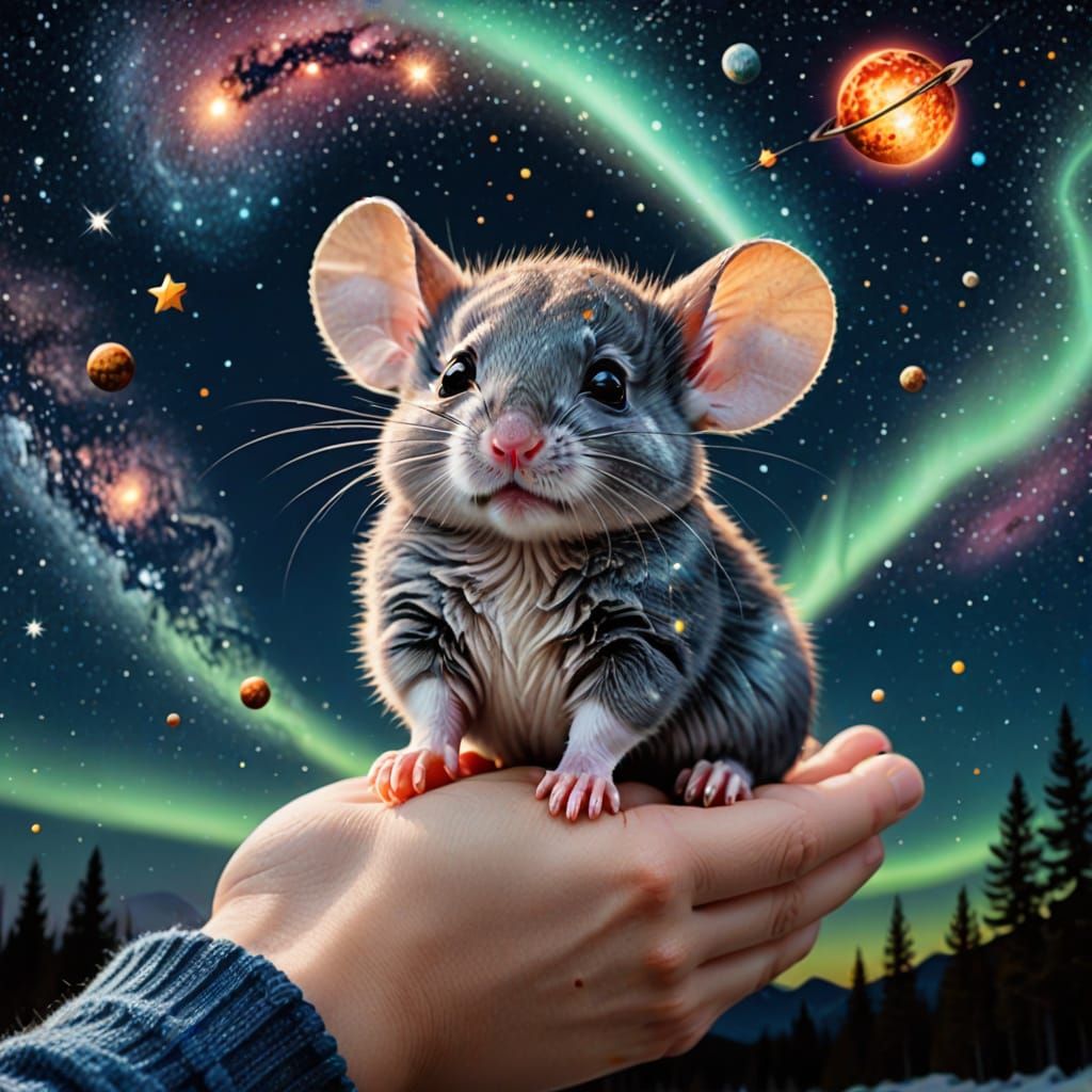 Starry Nighttime Scene with Pet Chibi Mouse - AI Art