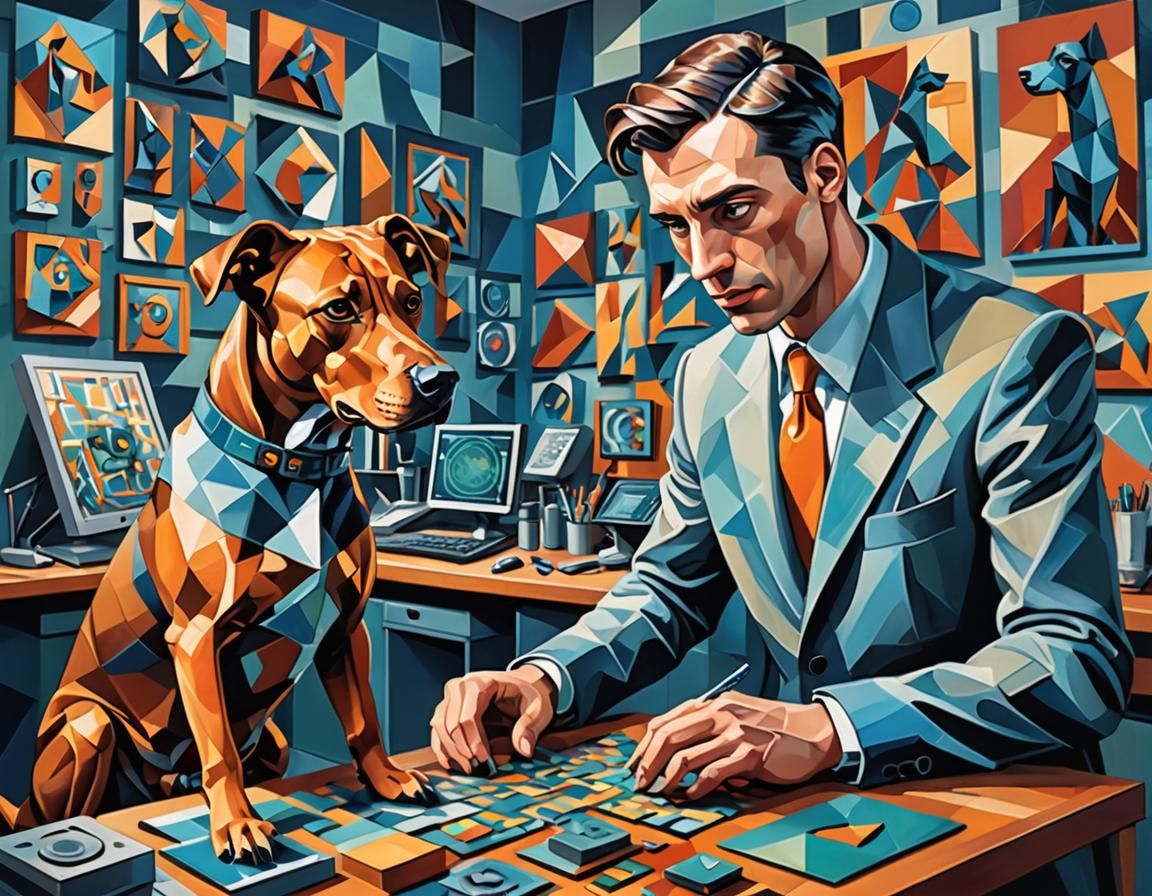 Cubism Picasso style young man standing at desk in high tech physics ...