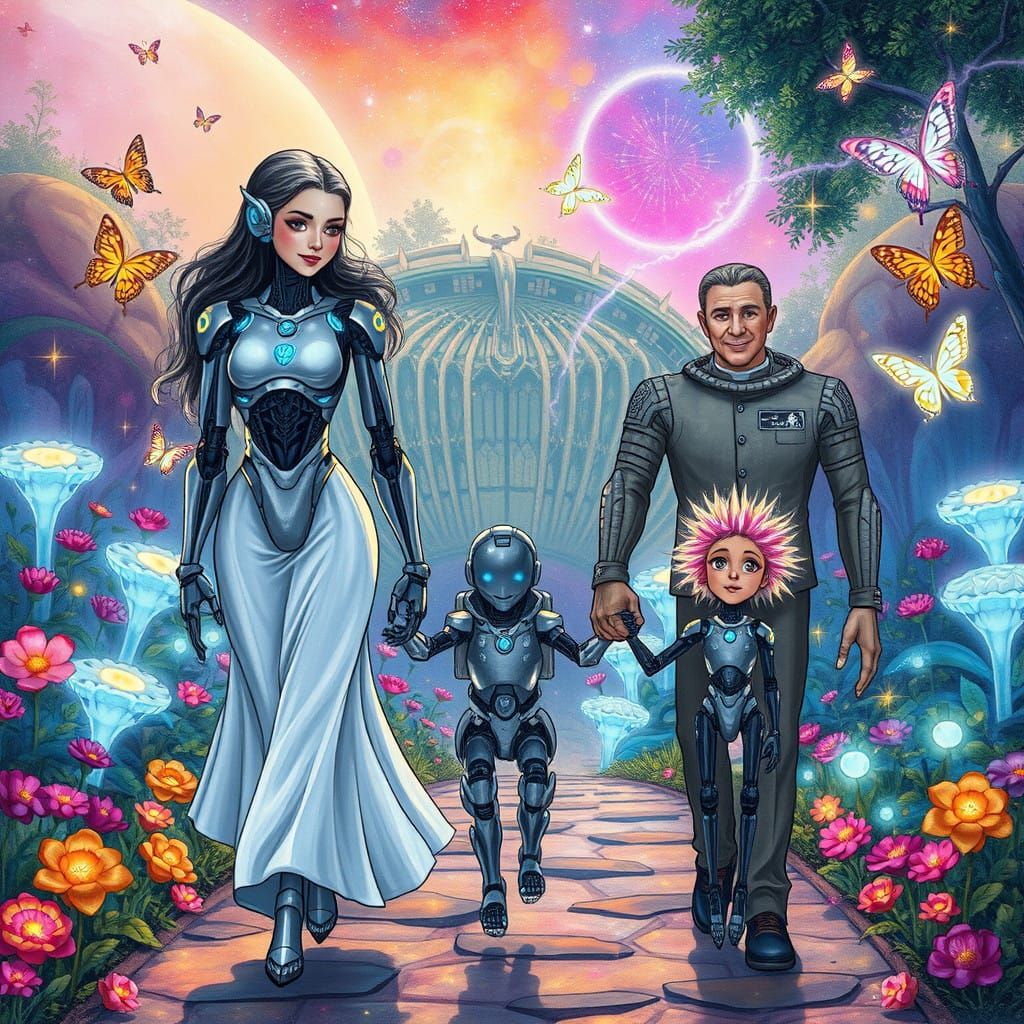 Loving Robot Family Strolls Through Vibrant Astral... - AI Art