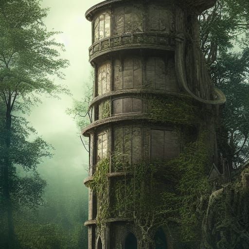 Old overgrown tower in forest - AI Generated Artwork - NightCafe Creator
