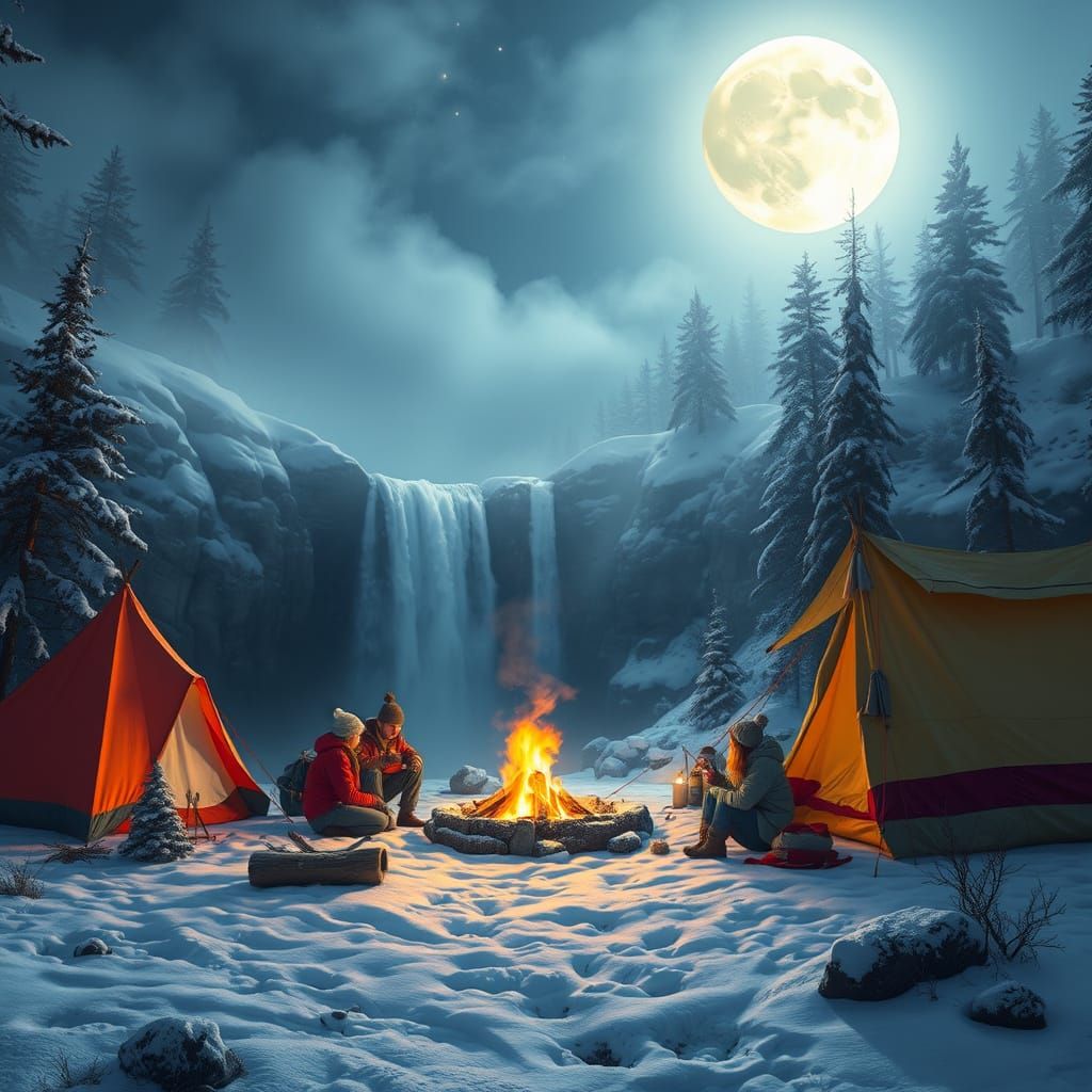 Winter camping by the water fall big moon on the sky wood fire team ...