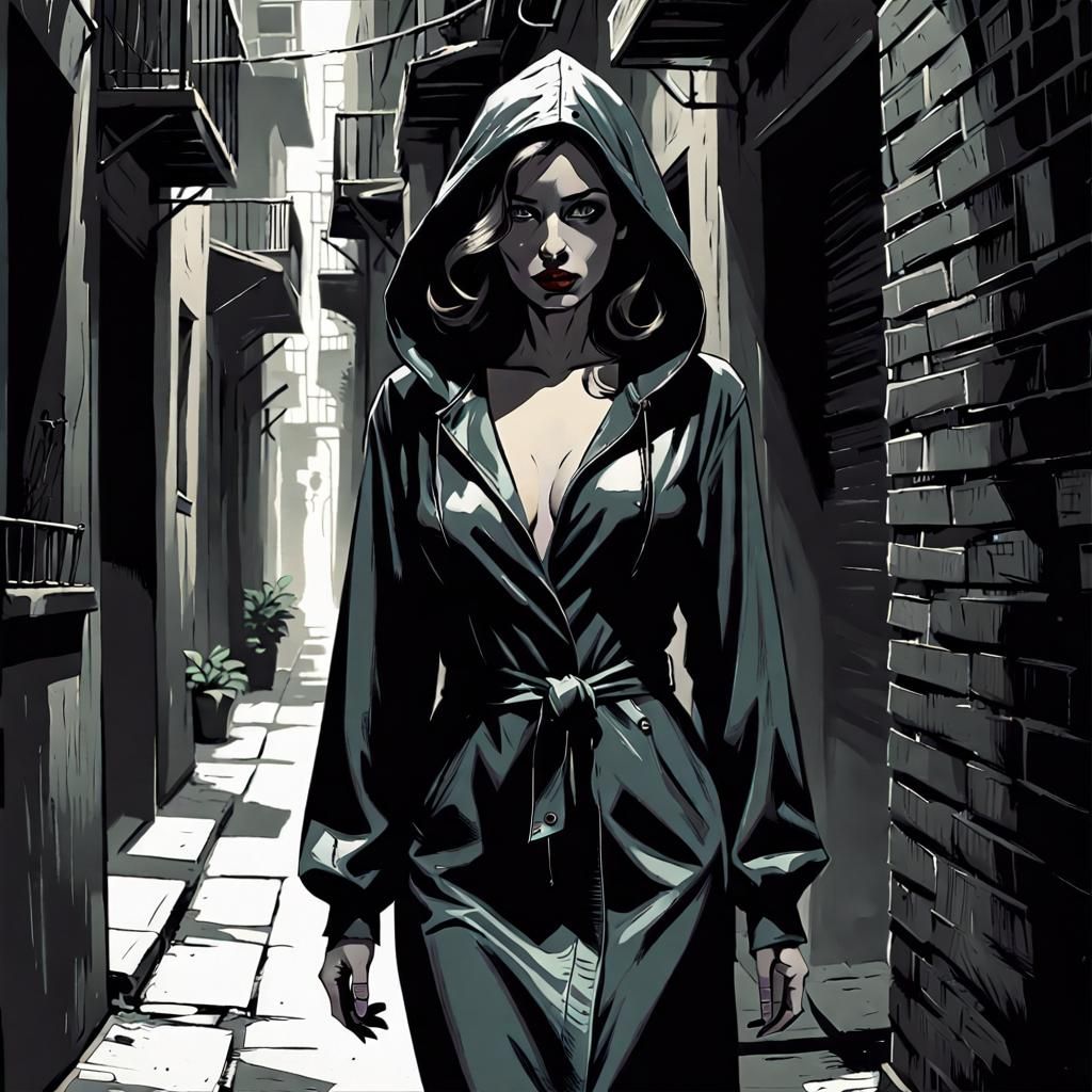 Comic Noir Expressionism, hooded lady in shady alley, james harren - AI ...