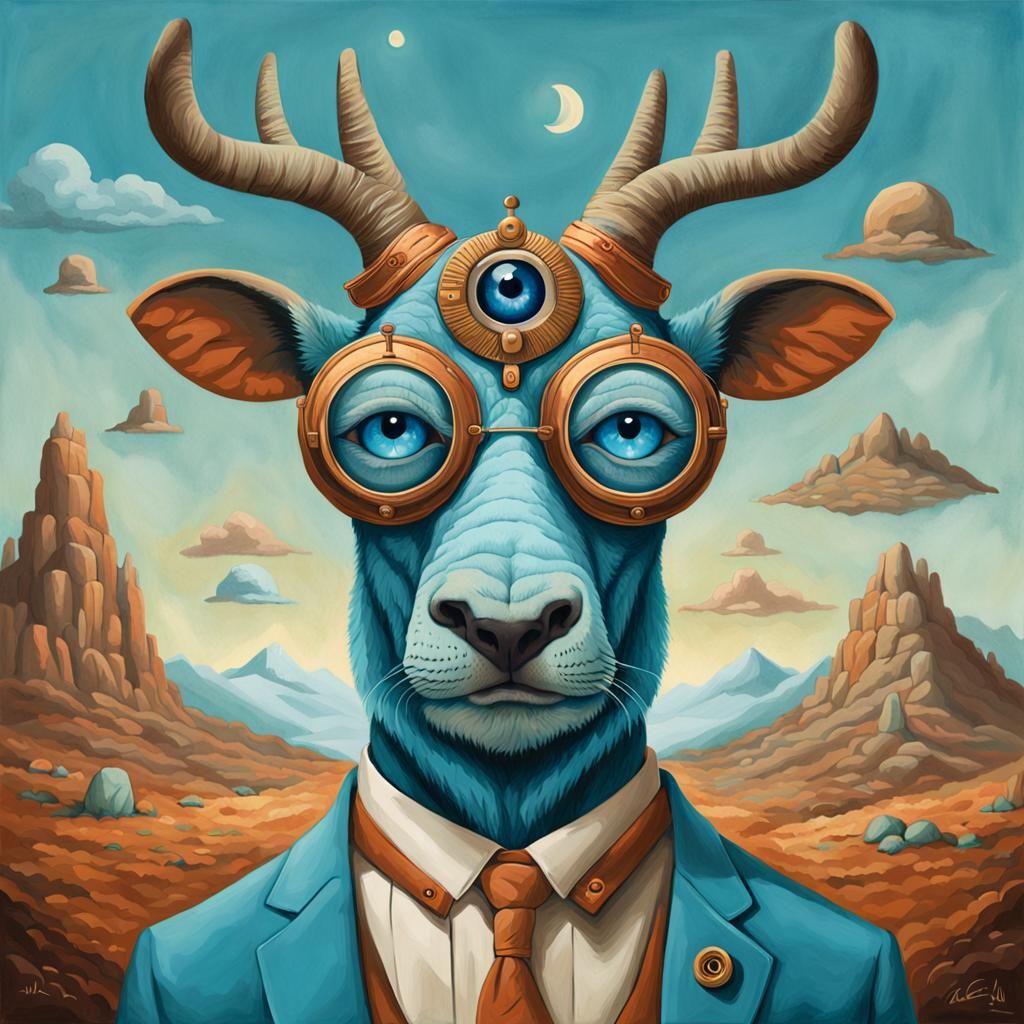 A surreal rule-of-thirds portrait of an anthropomorphic animal with a ...