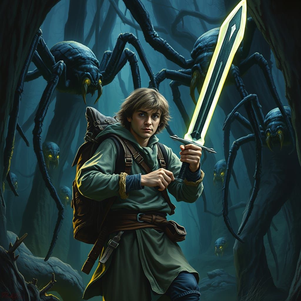 Bilbo Baggins holds his glowing sword, Sting, as giant spiders surround ...