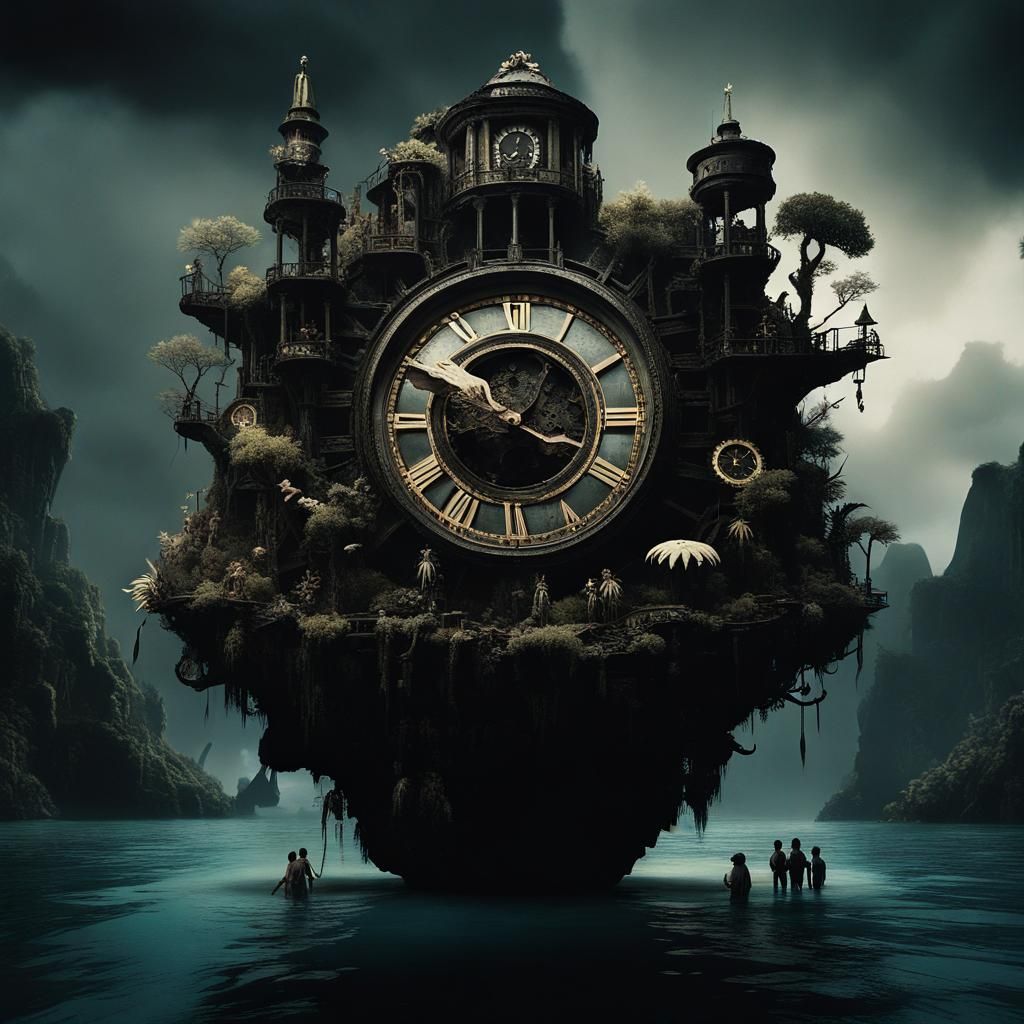 floating island with giant clock II - AI Generated Artwork - NightCafe ...