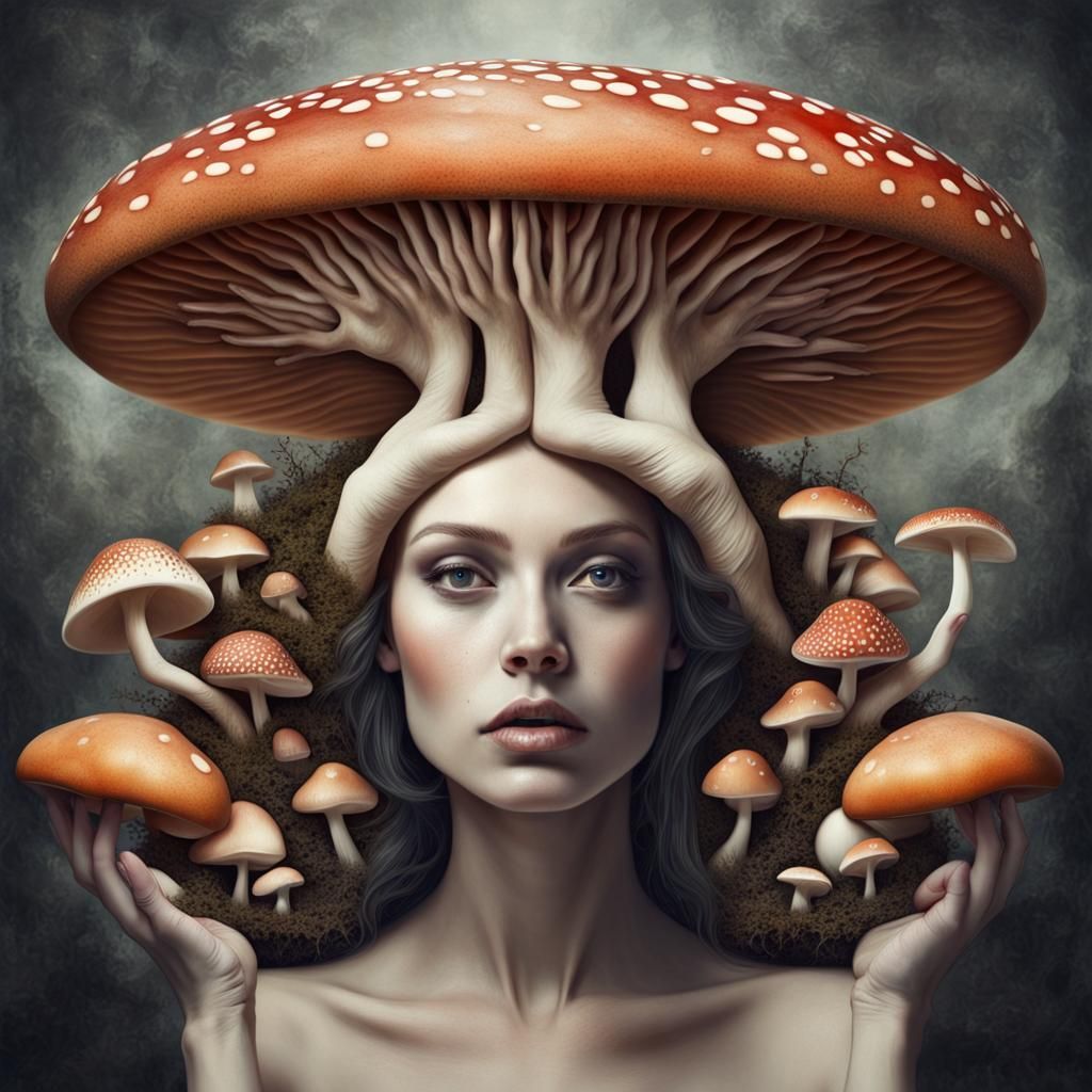 Bio Art Experimentation perfect Fusion between woman and mushroom surrealism - AI Generated ...