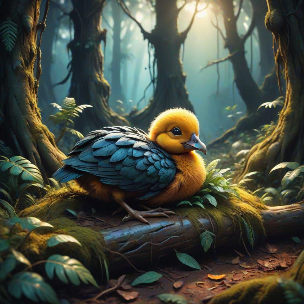 a cute little dodo chick in a forest