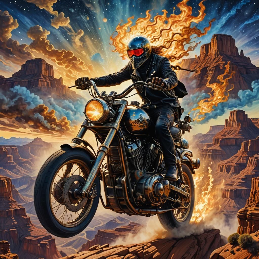 Ghost rider riding racing retro motorcycle in Grand Canyon CA - AI ...