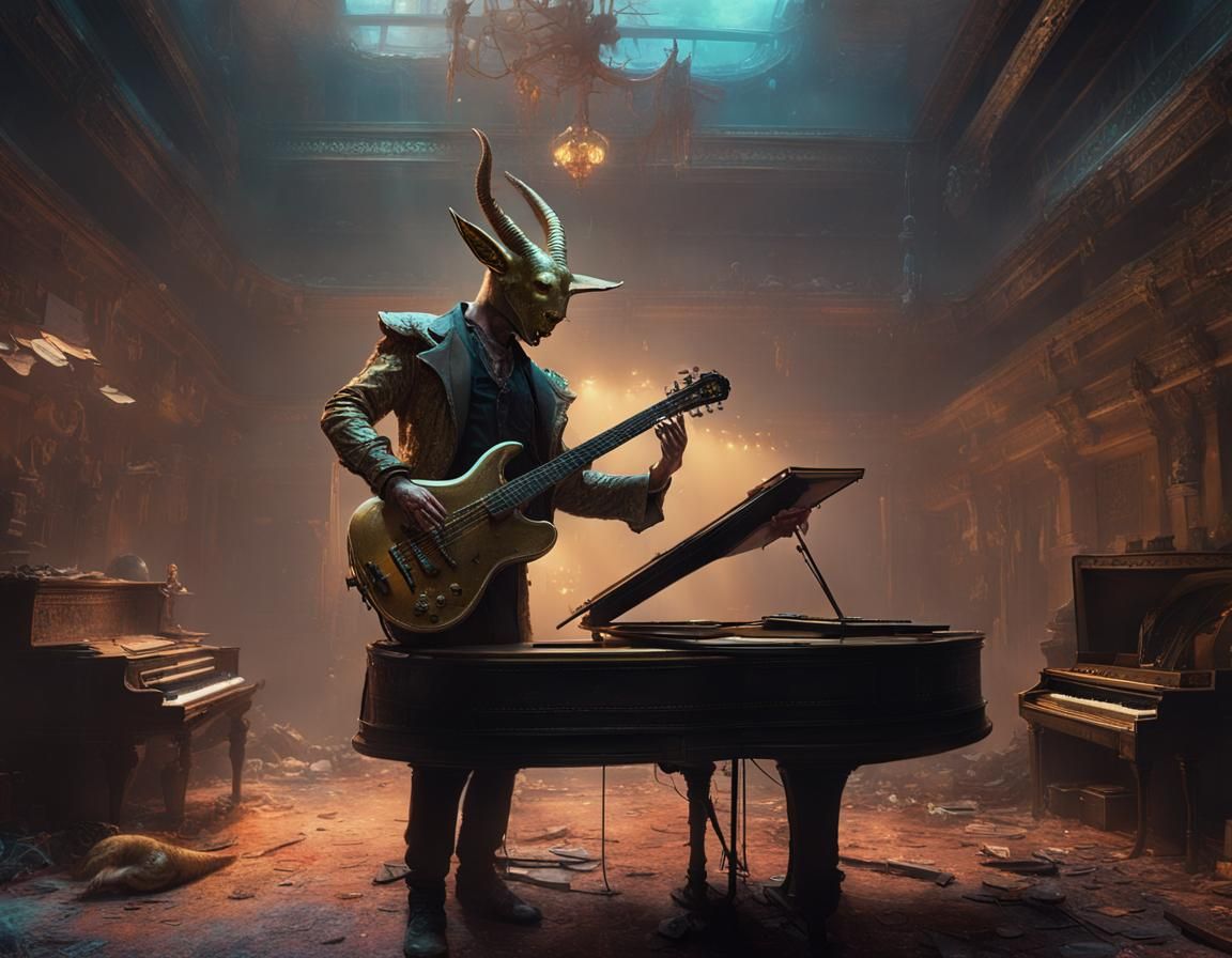 bard with cut of horns instrument playing on stage in derelict, dark ...