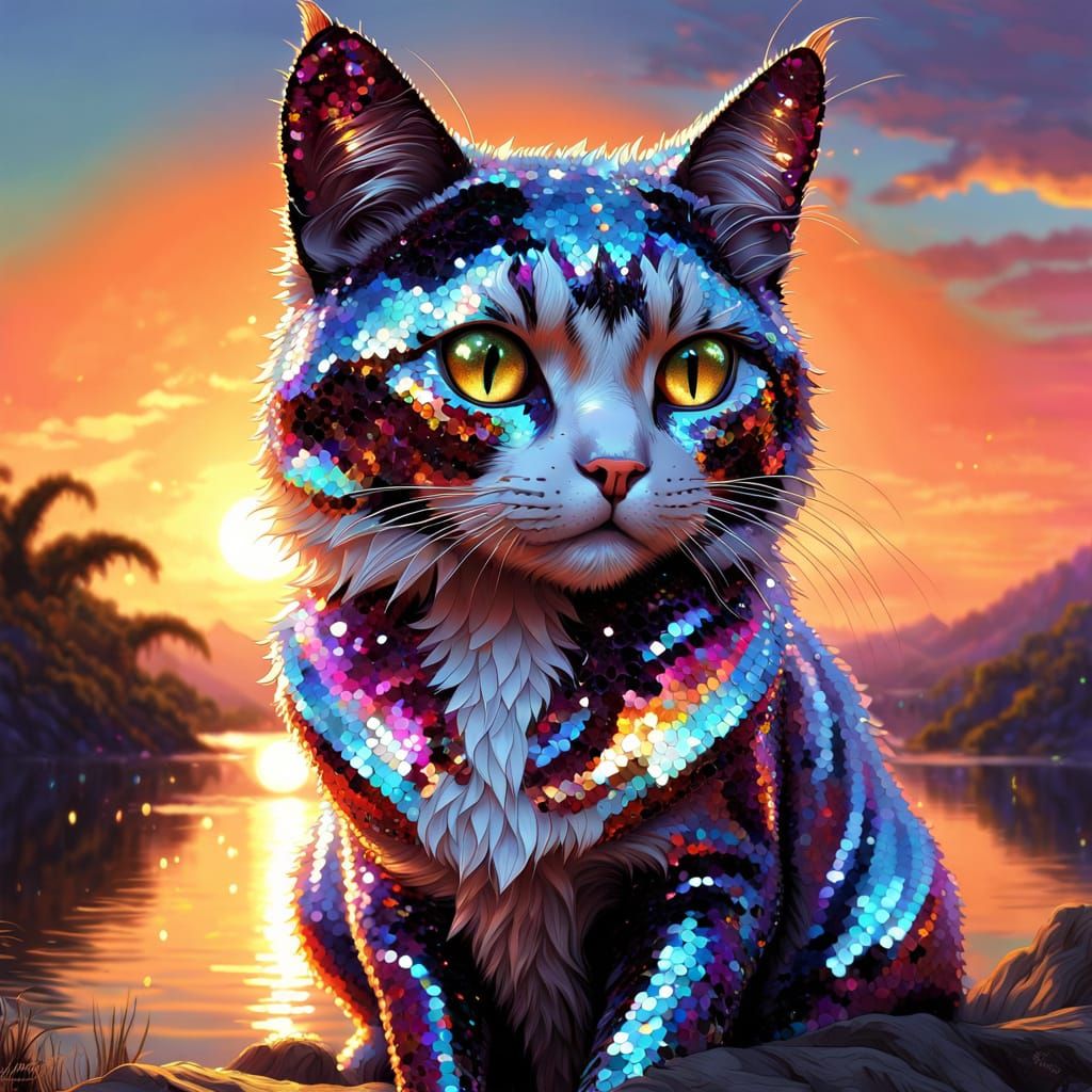 Made of Sequins - Mythical Sequins Cat in Vibrant Sunset