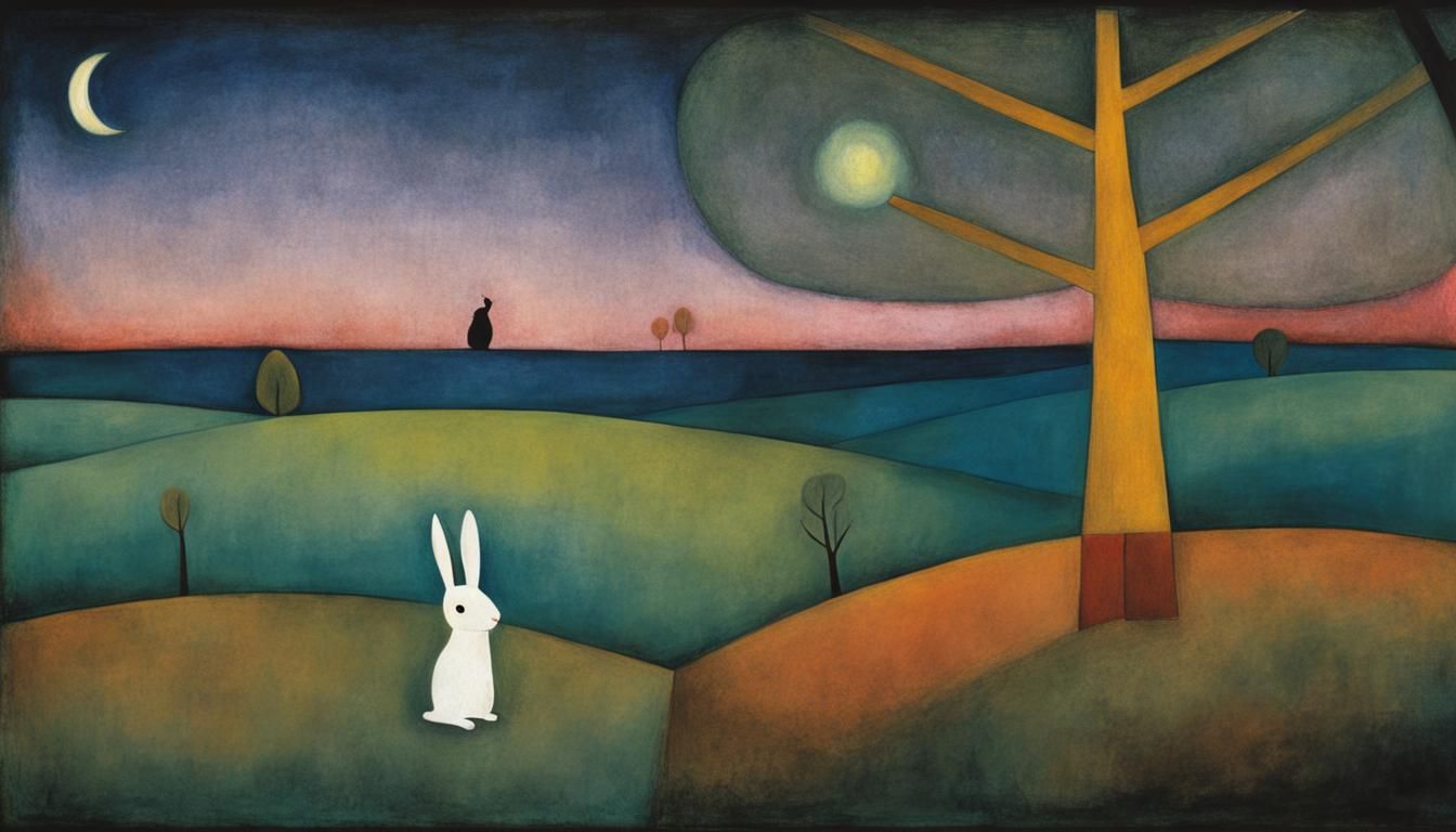 a tree at night. a rabbit waits. by paul klee and hopper - AI Generated ...