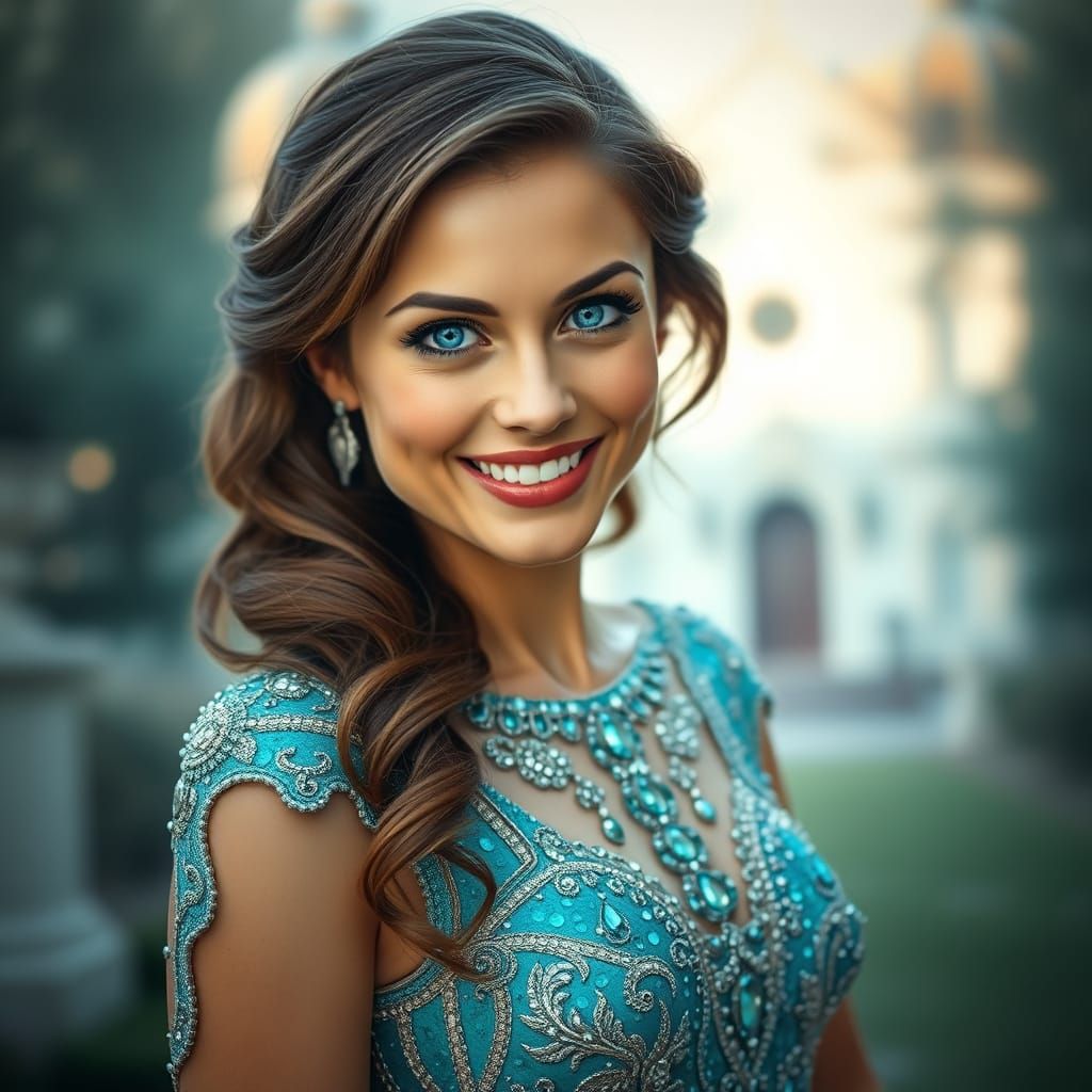Enchanting Woman in Turquoise Evening Gown, Radian... - AI Art
