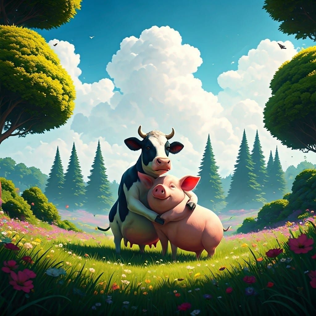 A cow and pig hugging - Whimsical Cow and Pig Embracing in ...