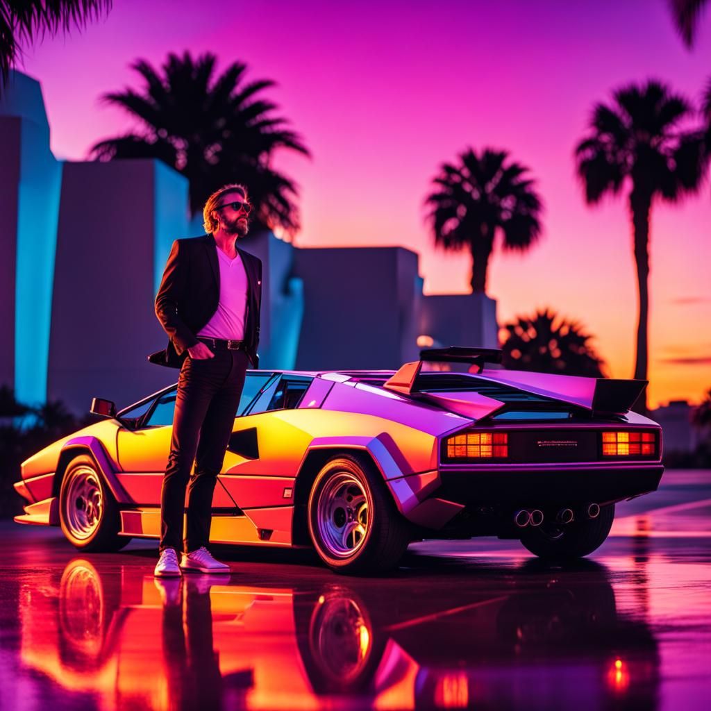 Action Jackson next to a countach car, synthwave style sunset, tilted ...