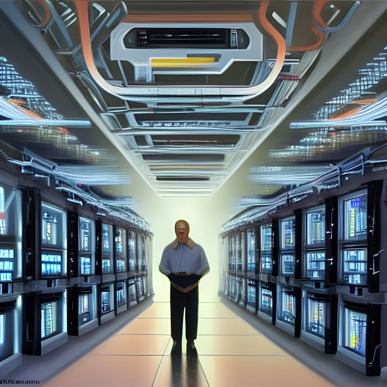 Very very big mainframe futuristic AI computer talking to human who ...