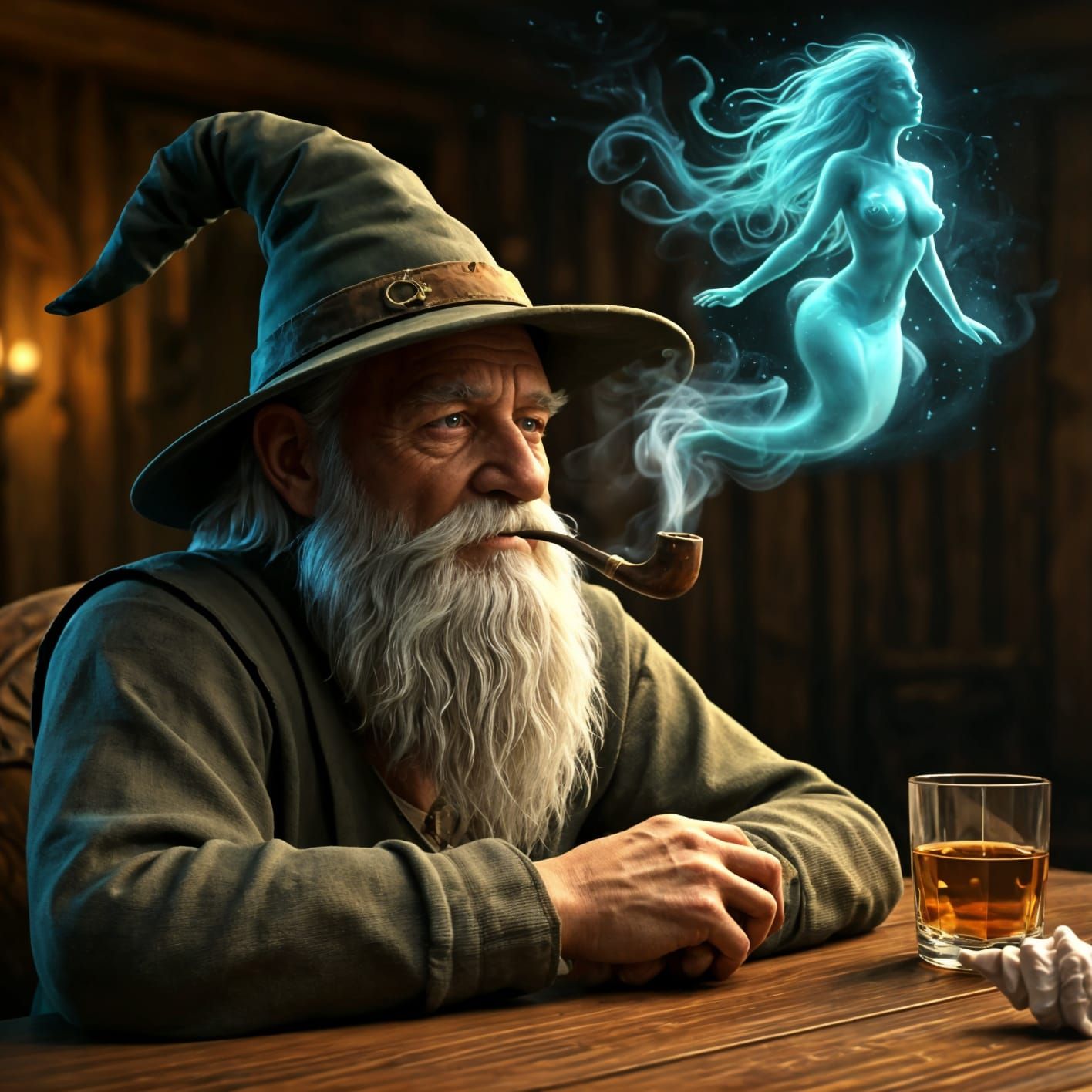 an Elderly Wizard Smoking His Pipe - Elderly Wizard in Dimly...