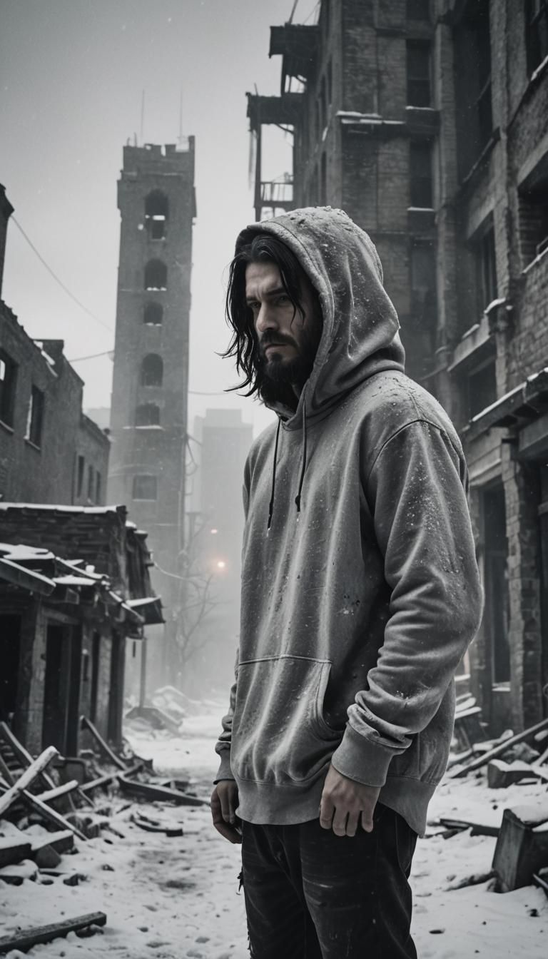 Serene Post-Apocalyptic Winter Scene in Black and ... - AI Art