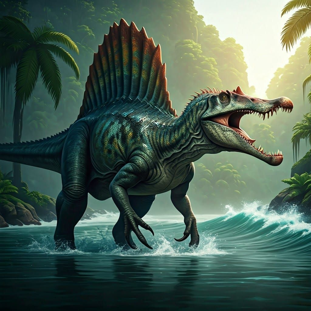 Majestic Spinosaurus Emerges from Ancient River - AI Art