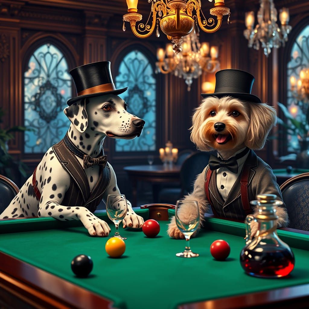 Dalmatian and Poodle Play Pool in Luxury Billiards... - AI Art