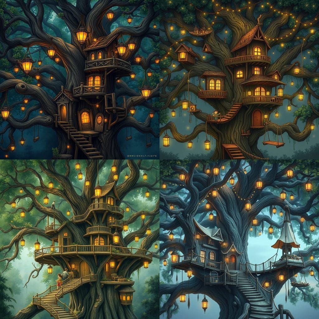 Enchanted Treehouse with Rope Bridges and Lanterns - AI Art