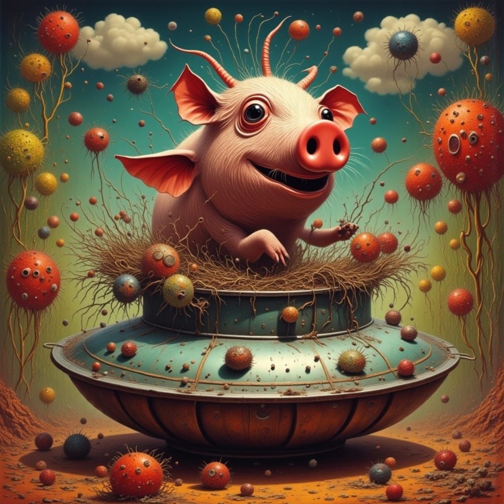 Space Alien Pig - Whimsical Alien Pig Emerges from UFO
