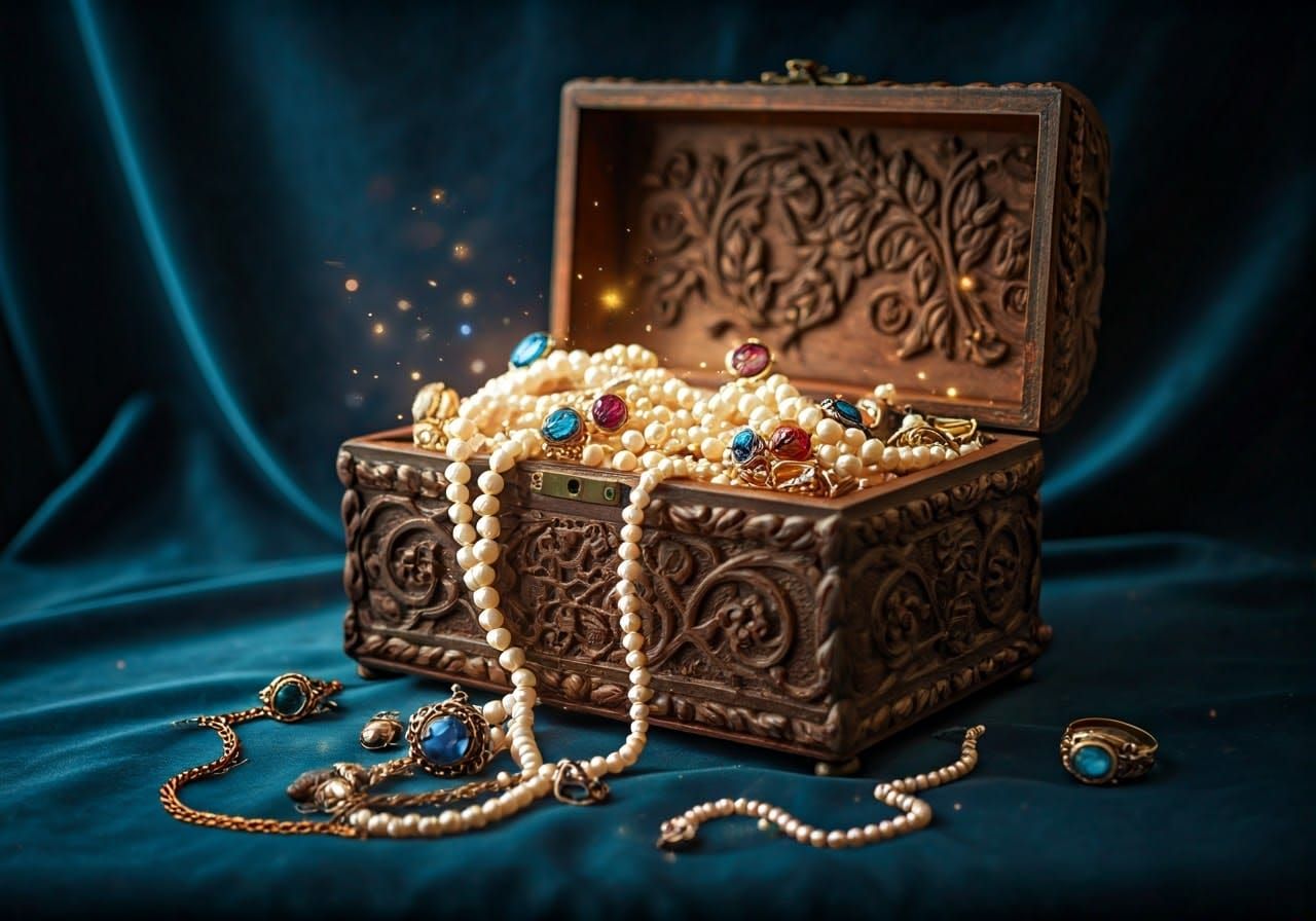 Baroque Jewelry Box with Enchanted Treasures in Da... - AI Art