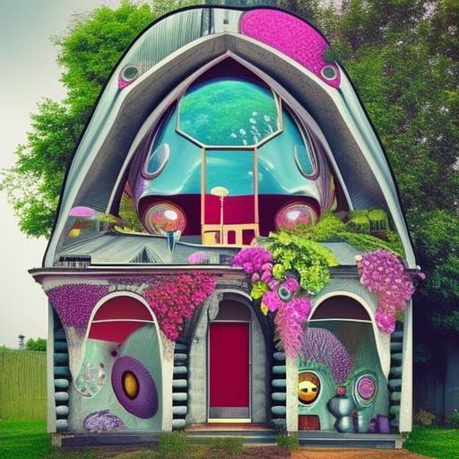 very detailed cute house with a face, a composition with distorted ...
