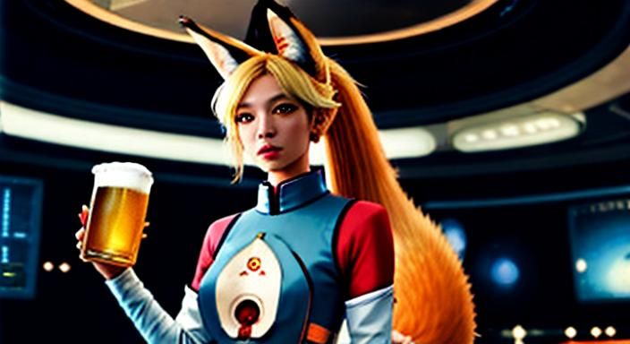 A kitsune girl with fox ears and a gorgeous space outfit in a space ...