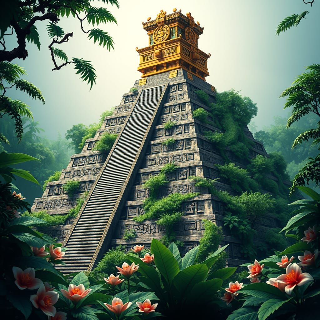 Ancient Aztec Pyramid Rises from Emerald Jungle in... - AI Art